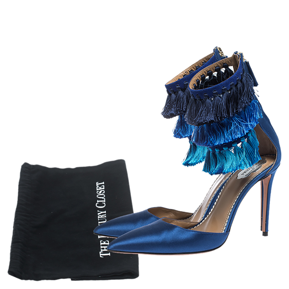 Claudia Schiffer For Aquazzura Blue Satin And Suede Tasseled Loulou ...