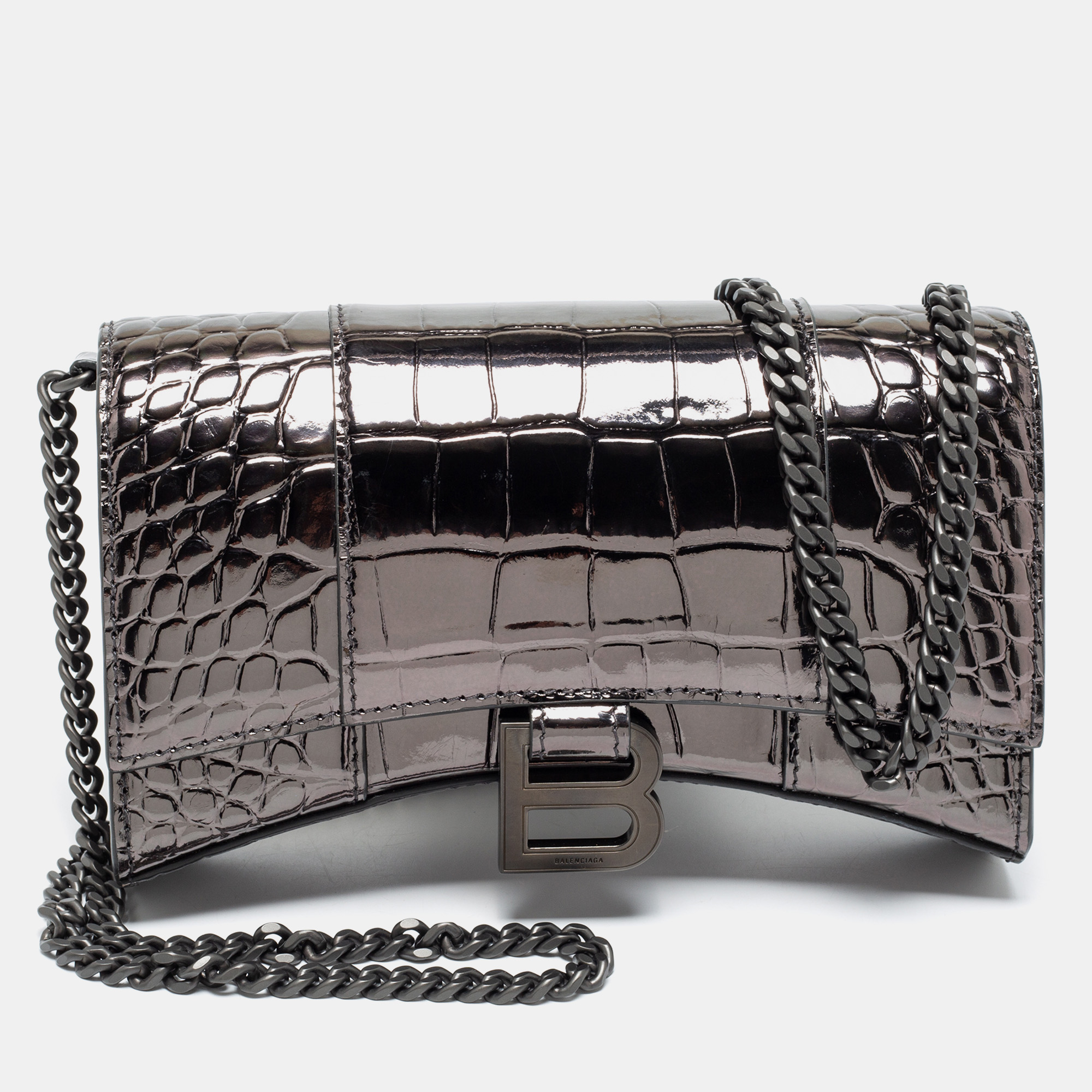 Pre Owned Balenciaga Metallic Croc Embossed Laminated Leather Small Hourglass Shoulder Bag