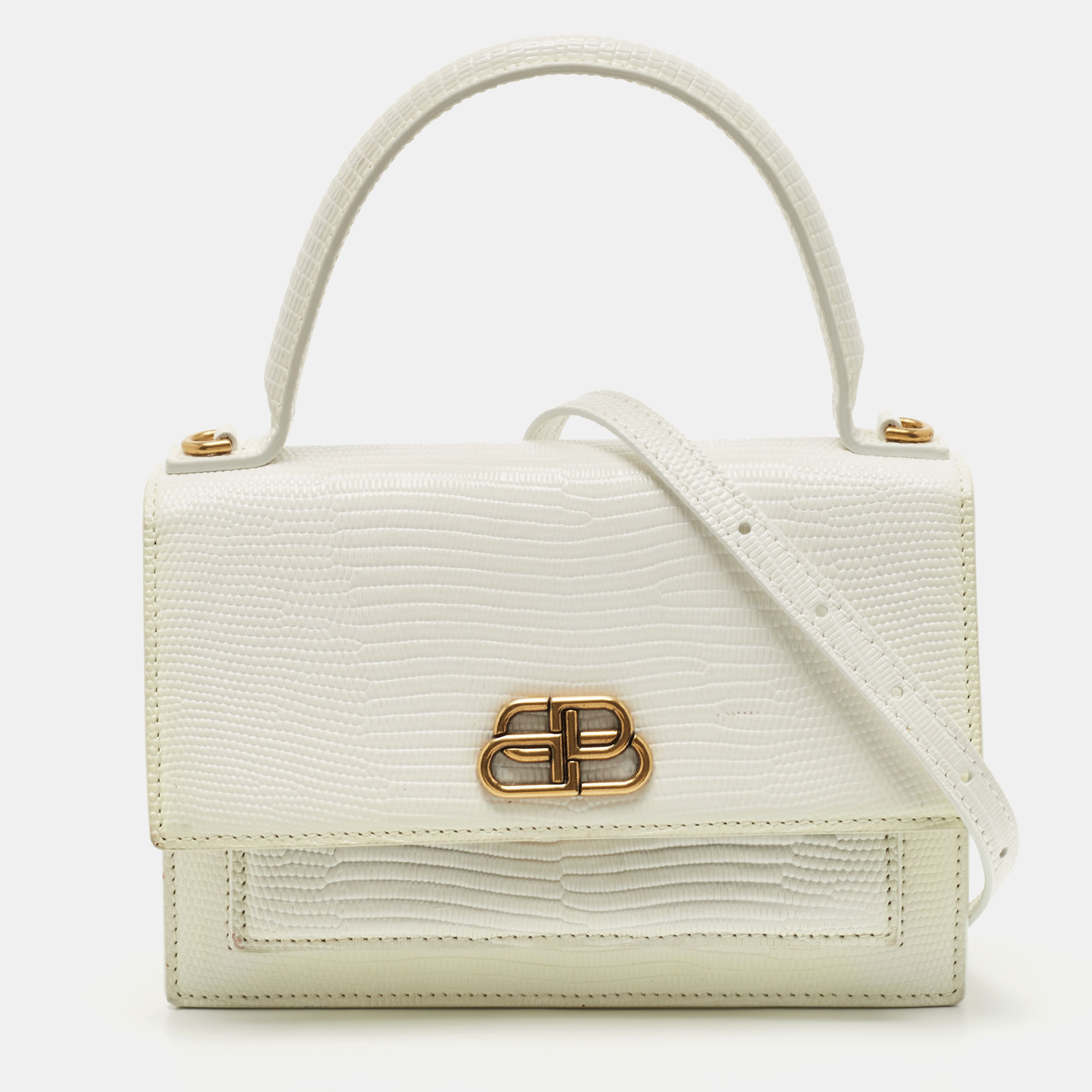 Balenciaga White Lizard Embossed Leather Sharp Top Handle Bag ...