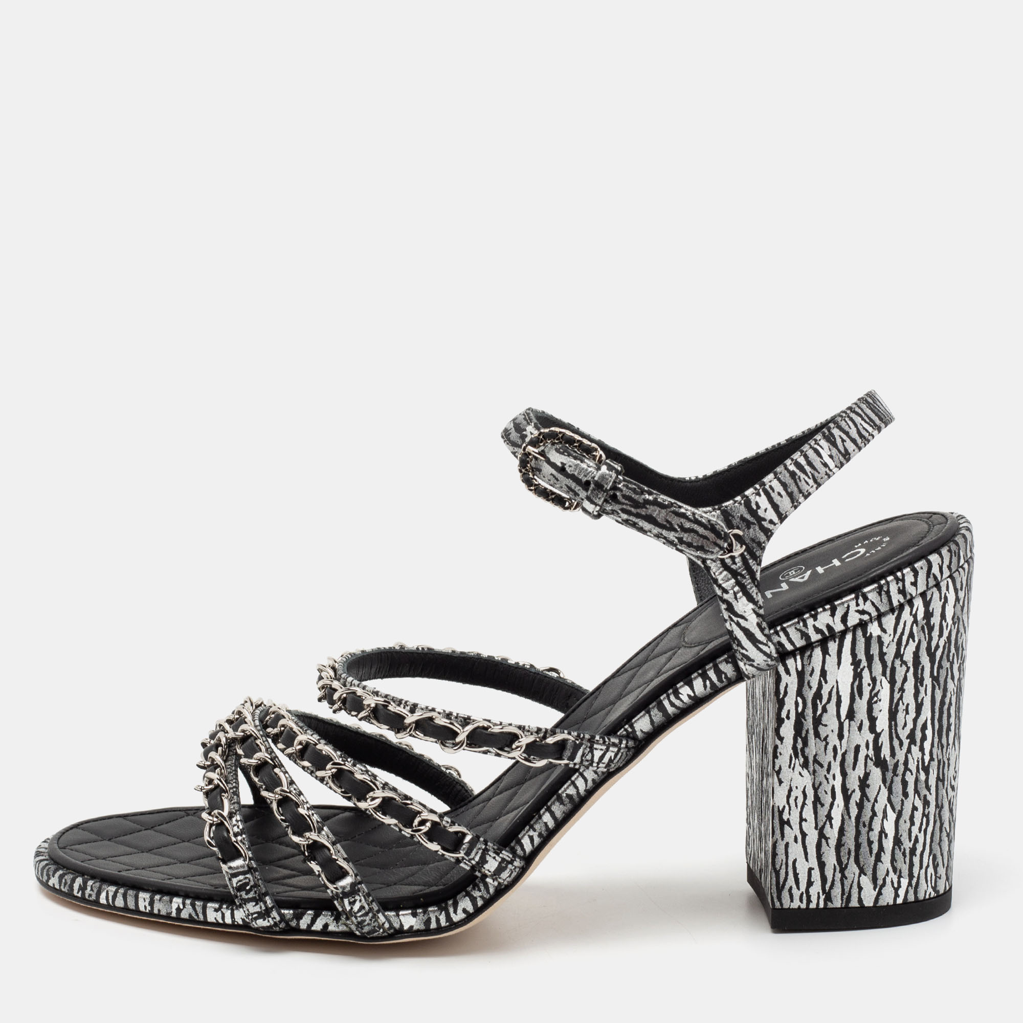 Chanel Black/Silver Leather Chain Embellished Ankle Strap Sandals Size ...