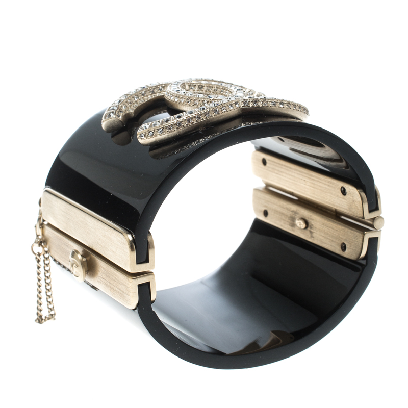 Chanel CC Crystal Studded Black Resin Hinged Wide Cuff Bracelet Chanel ...