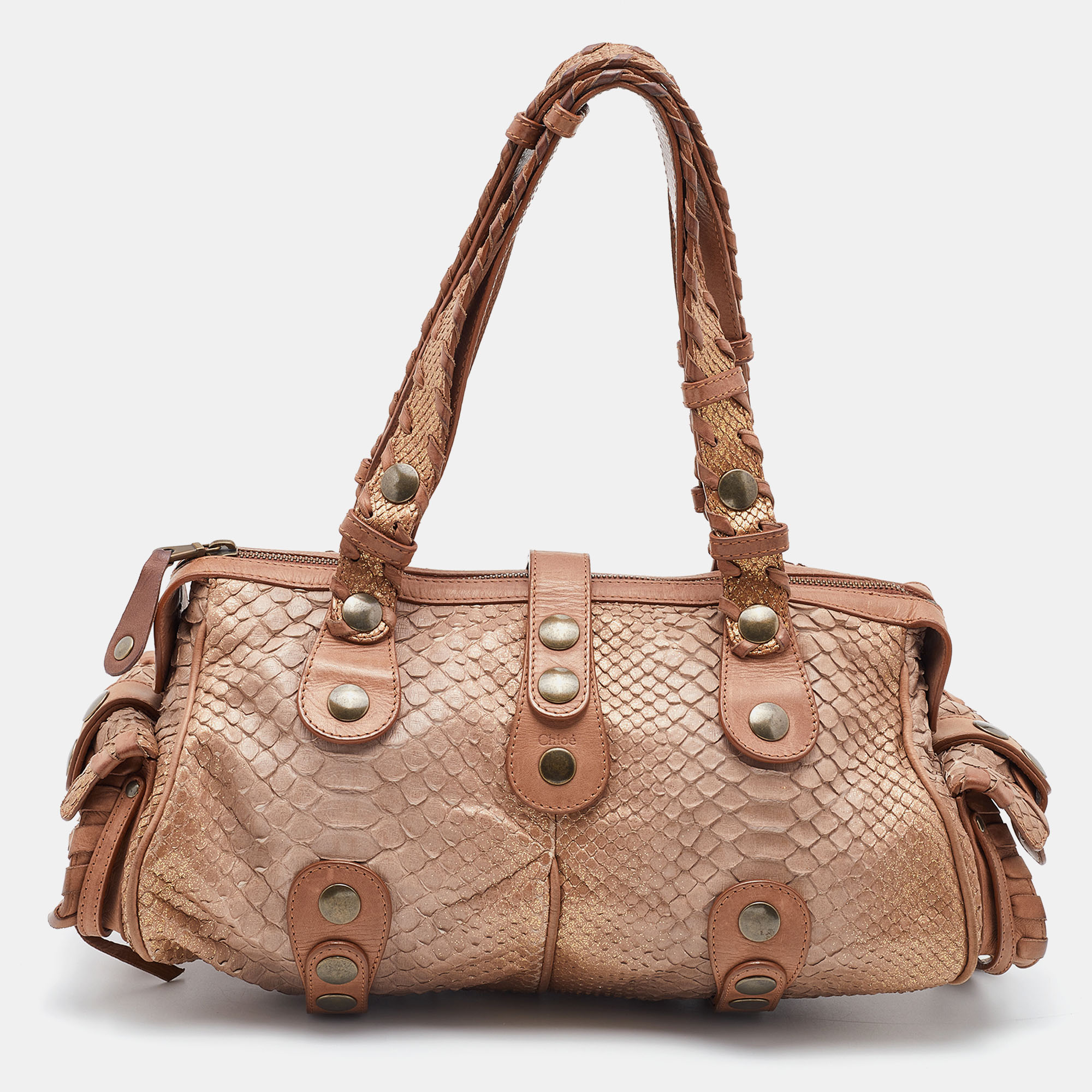 Pre-owned Chloé Brown/bronze Python And Leather Silverado Satchel | ModeSens