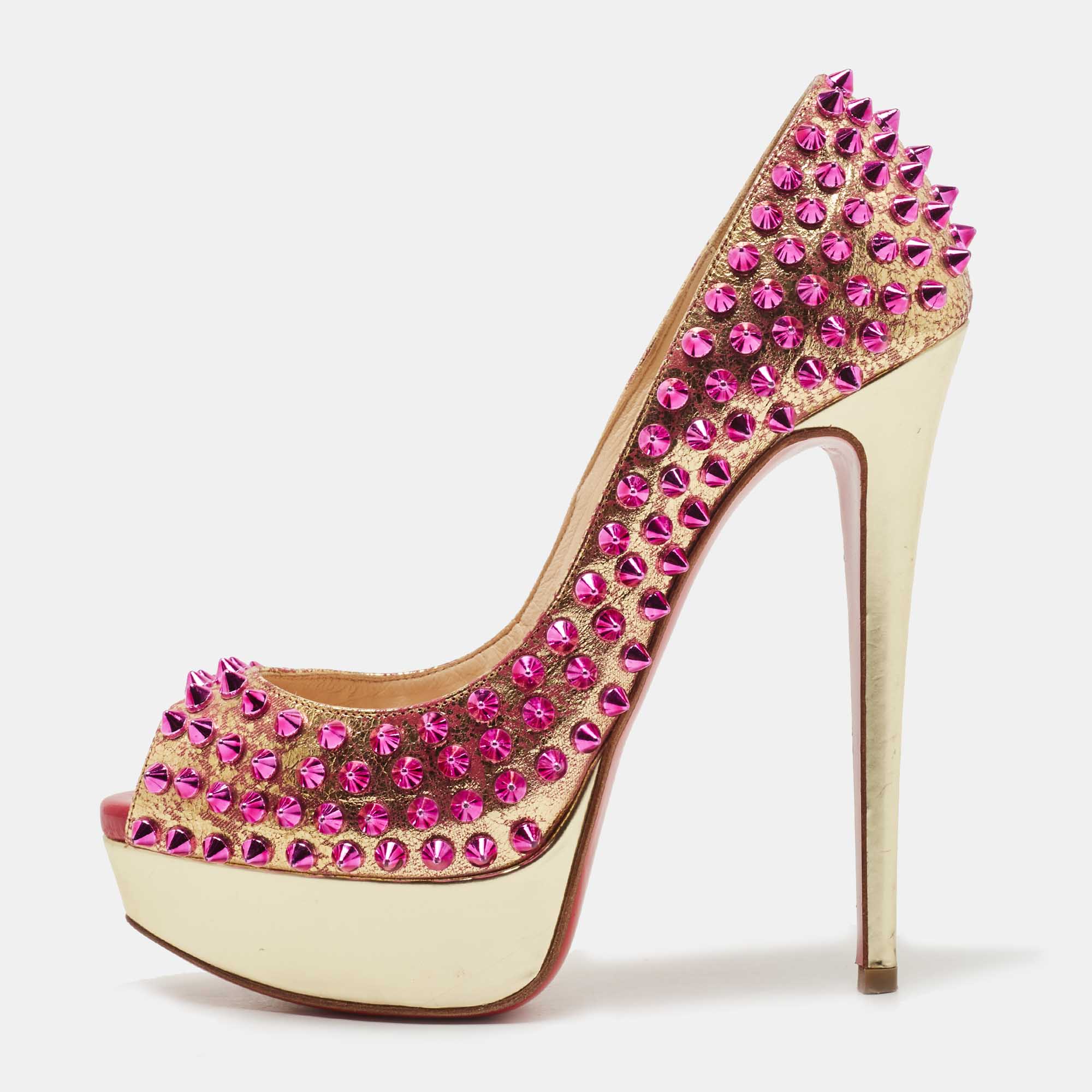 Christian Louboutin Metallic Gold/Pink Leather Lady Peep Toe Spike ...