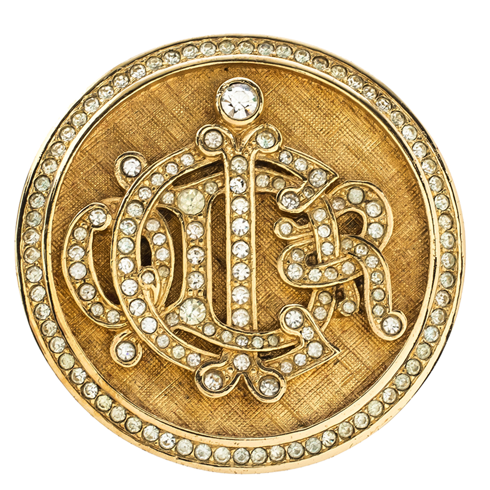 Dior Logo Crystal Textured Gold Tone Round Pin Brooch Dior | The Luxury ...