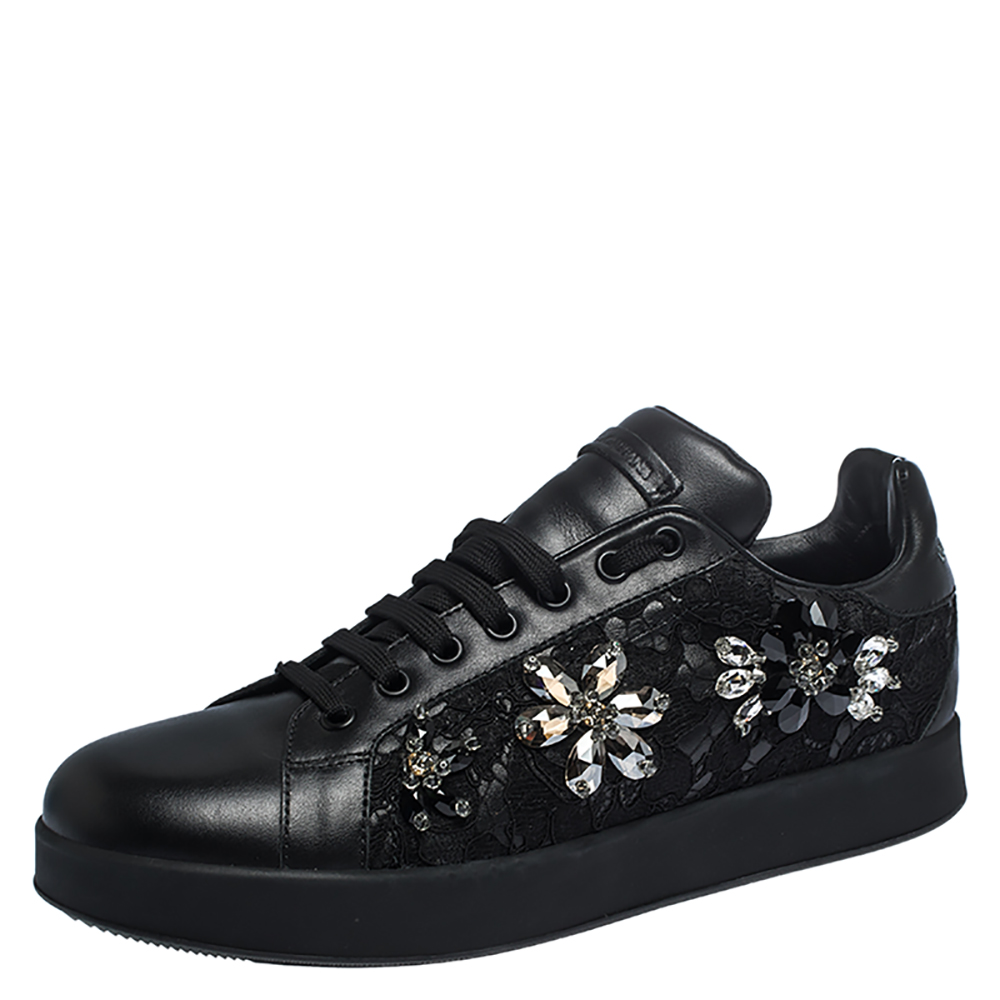 Dolce and Gabbana Black Leather And Lace Crystal Embellished Low Top Sneakers Size 40 Dolce ...