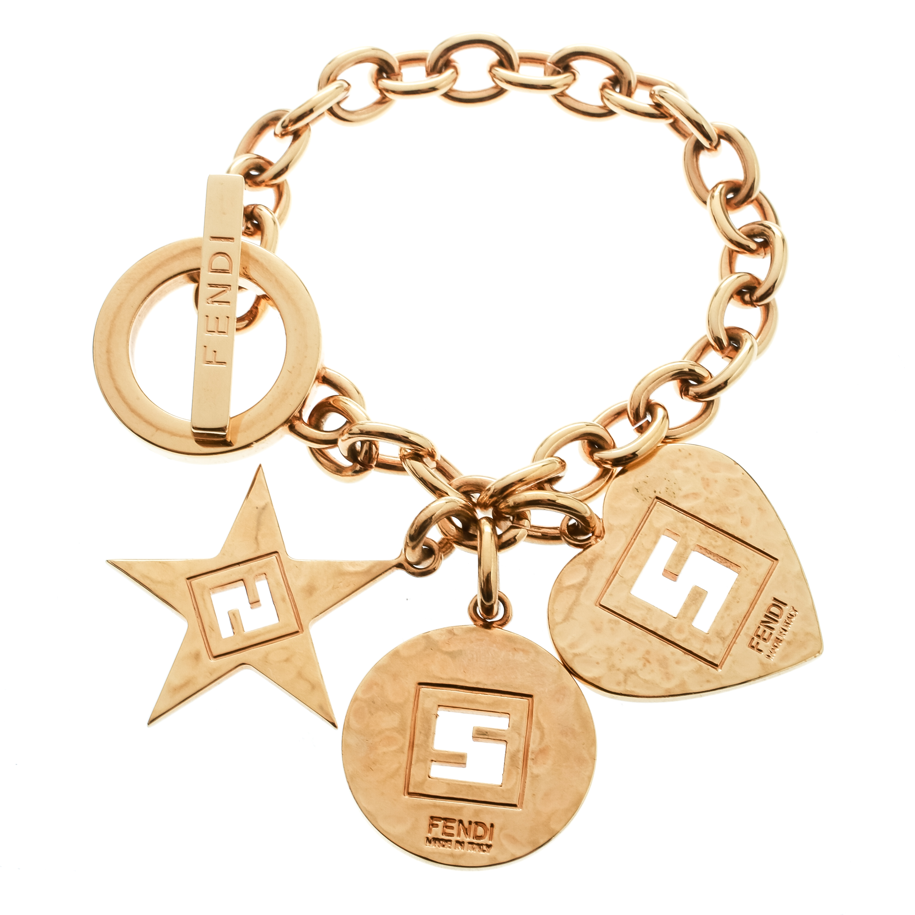 Fendi Heart Star Charm Gold Tone Chain Link Toggle Bracelet Fendi | TLC Fendi Heart Star Charm Gold Tone Chain Link Toggle Bracelet Fendi | TLC