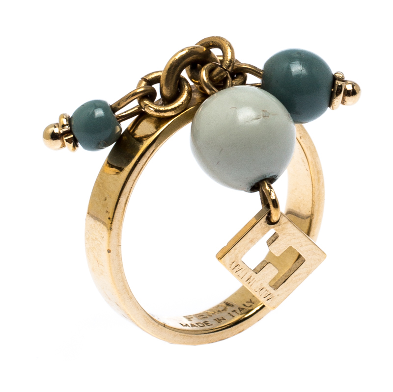 Fendi Green Beads Gold Tone Charm Ring Size 56 Fendi | TLC