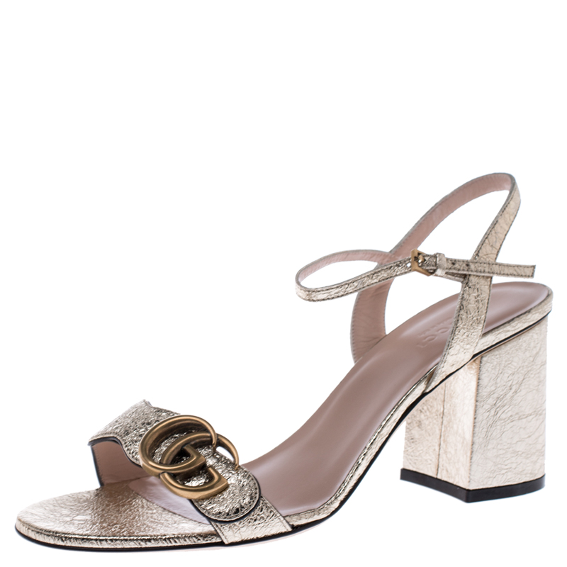 Gucci Gold Foil Leather GG Marmont Ankle Strap Sandals Size 38.5 Gucci ...