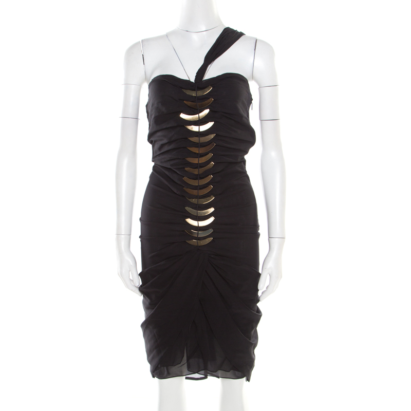 Gucci Black Silk Metal Fish Bone Embellished Ruched Dress M Gucci | TLC