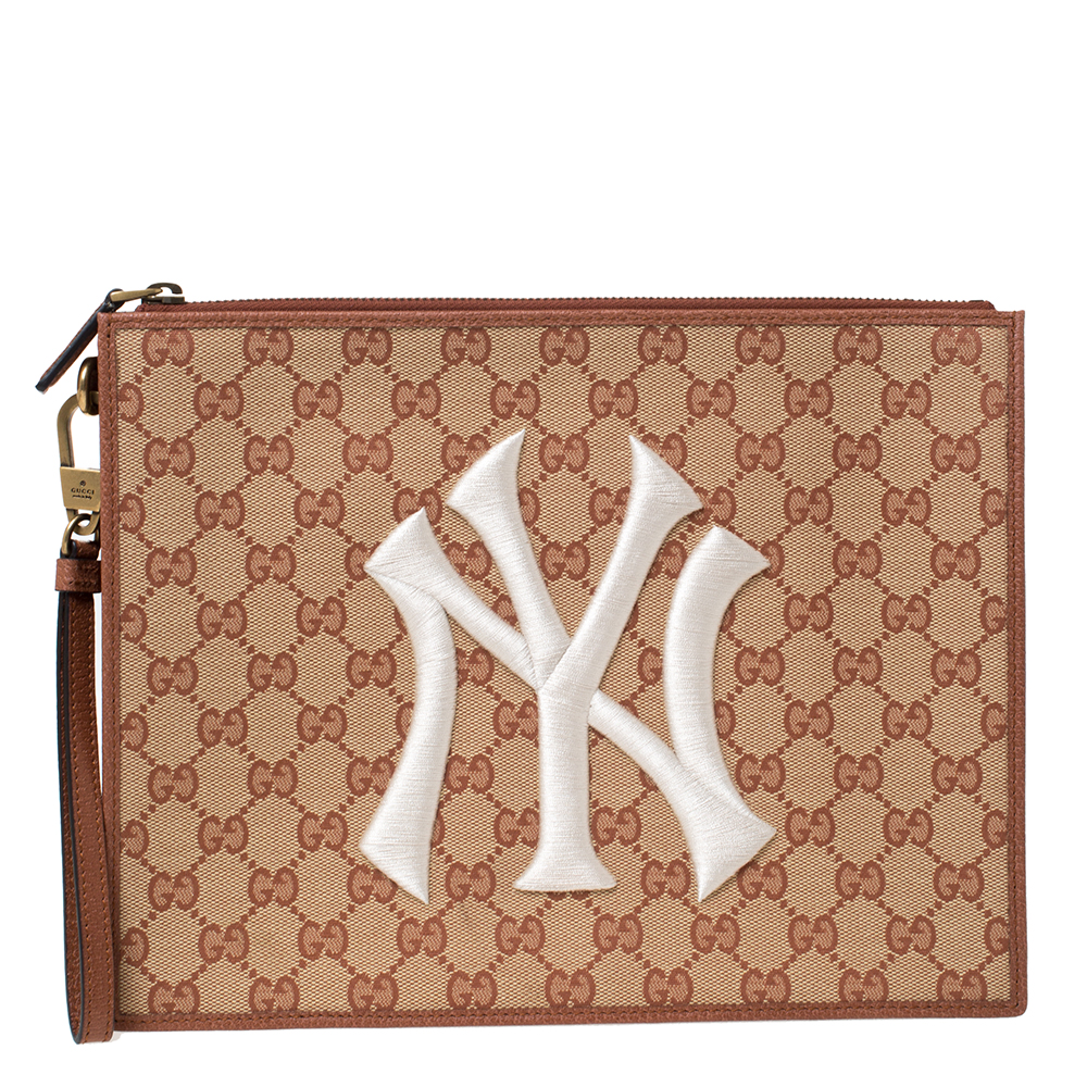 Gucci Beige/Brown GG Canvas and Leather New York Yankees Patch Pouch ...
