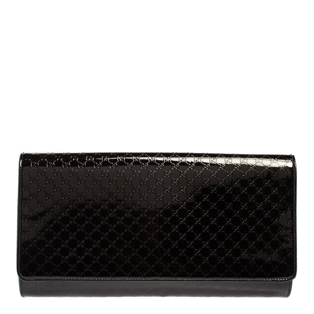 Pre Owned Gucci Black Microssima Patent Leather Broadway Clutch Modesens