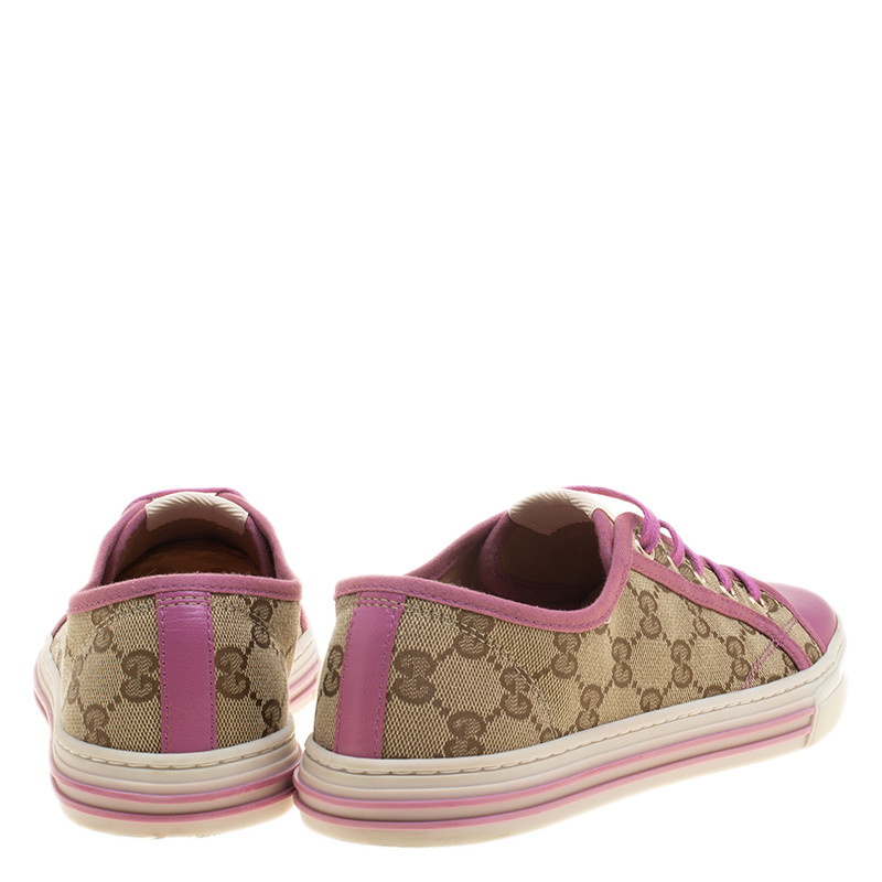 Gucci Pink Leather and Beige Guccissima Canvas Low Top Sneakers Size 39 ...