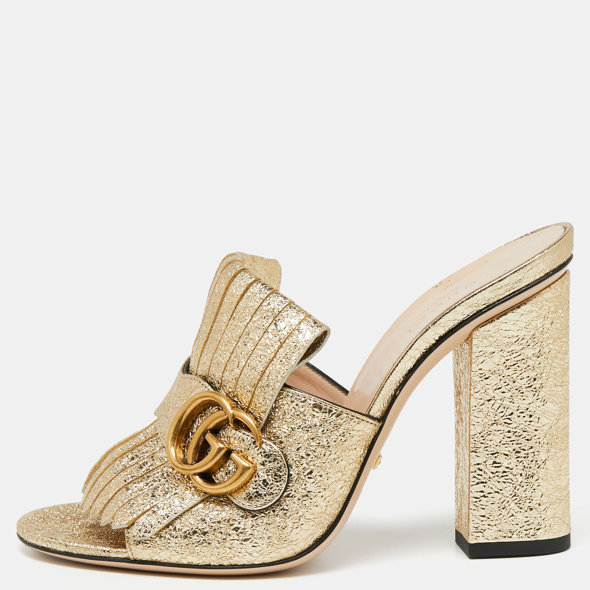 Gucci Metallic Gold Leather Marmont Gg Fringe Mule Sandals Size 37.5 ...