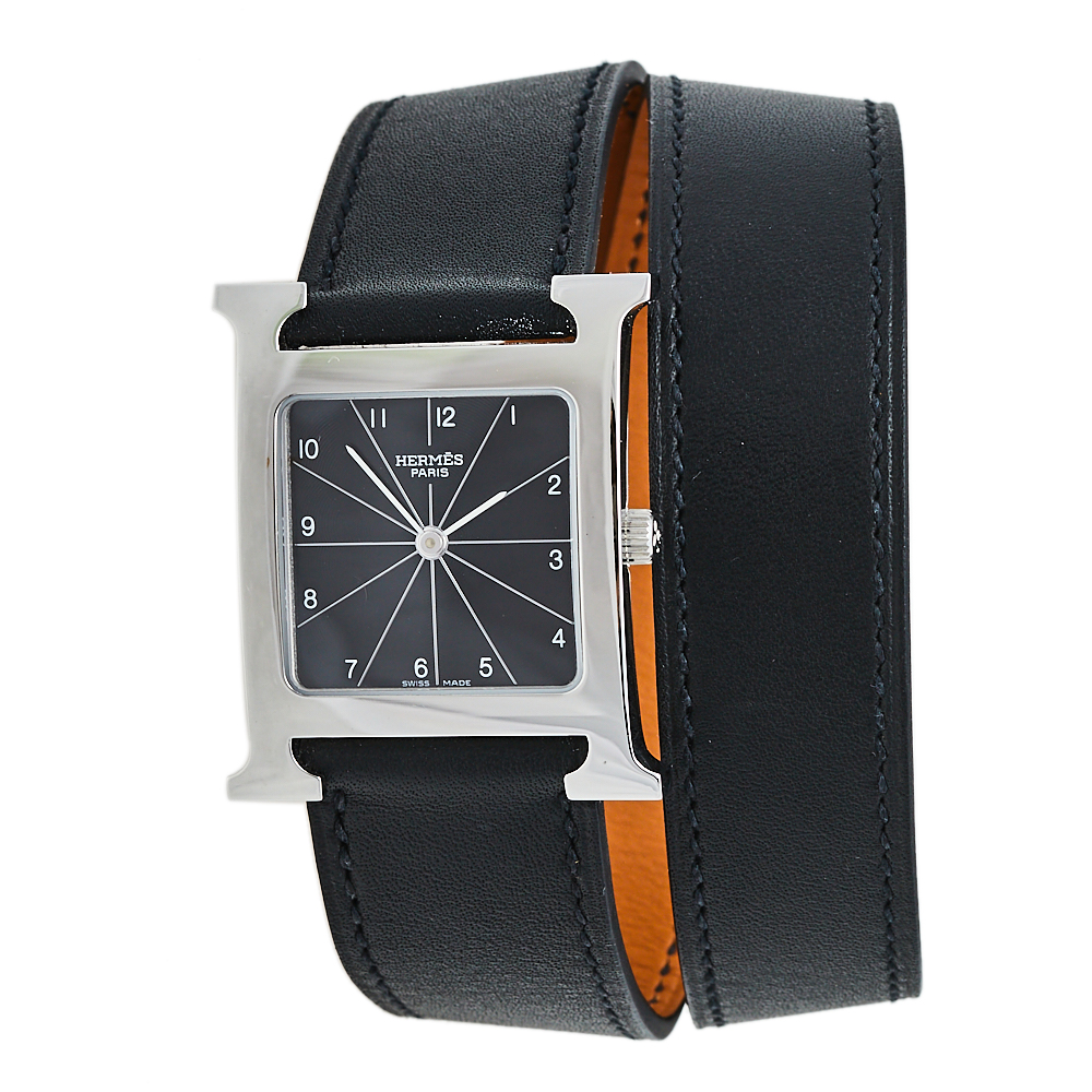 Hermès Black Stainless Steel Leather Wrap Heure H HH1.510 Women's ...