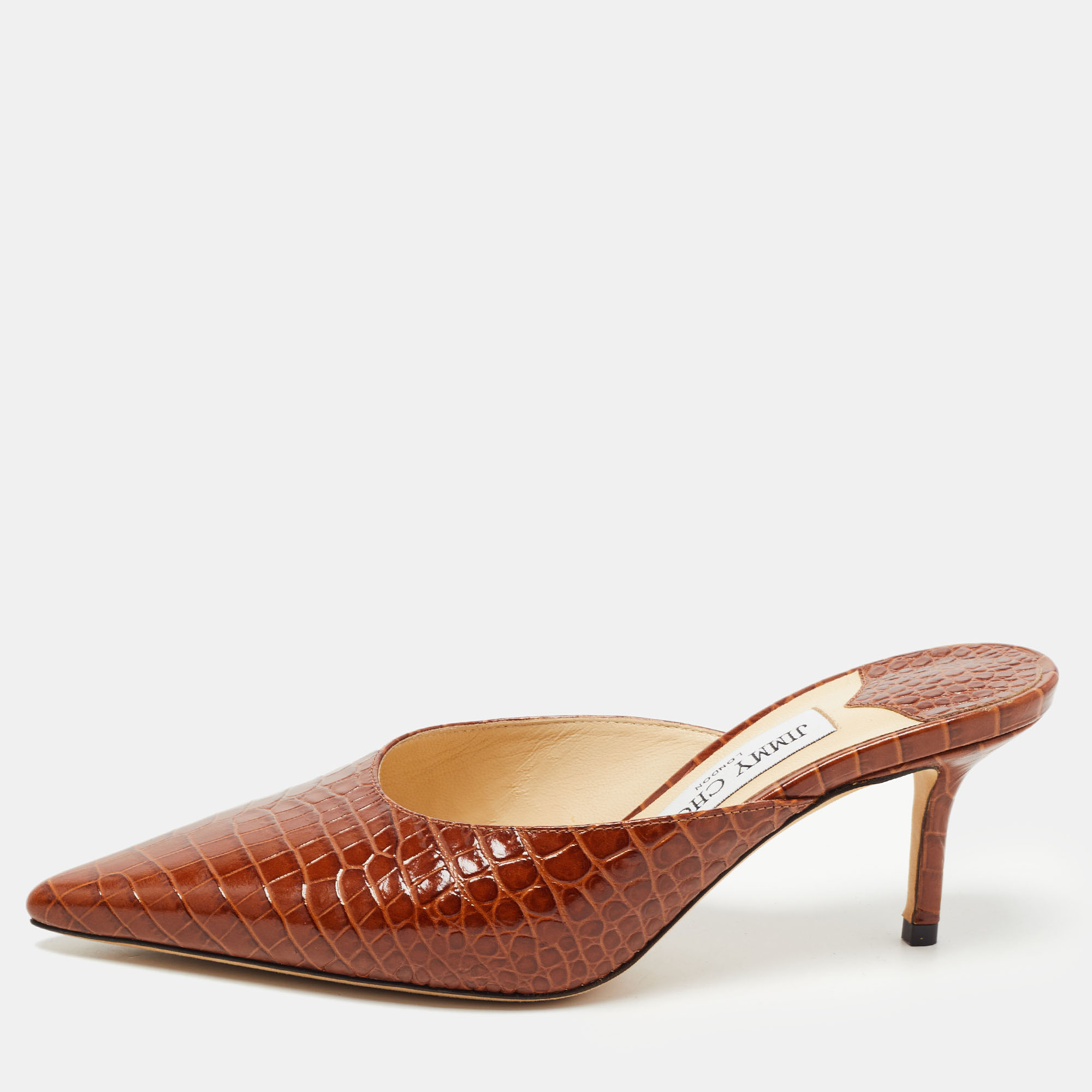 Jimmy Choo Brown Croc Embossed Leather Rav Mules Size 36.5 Jimmy Choo ...