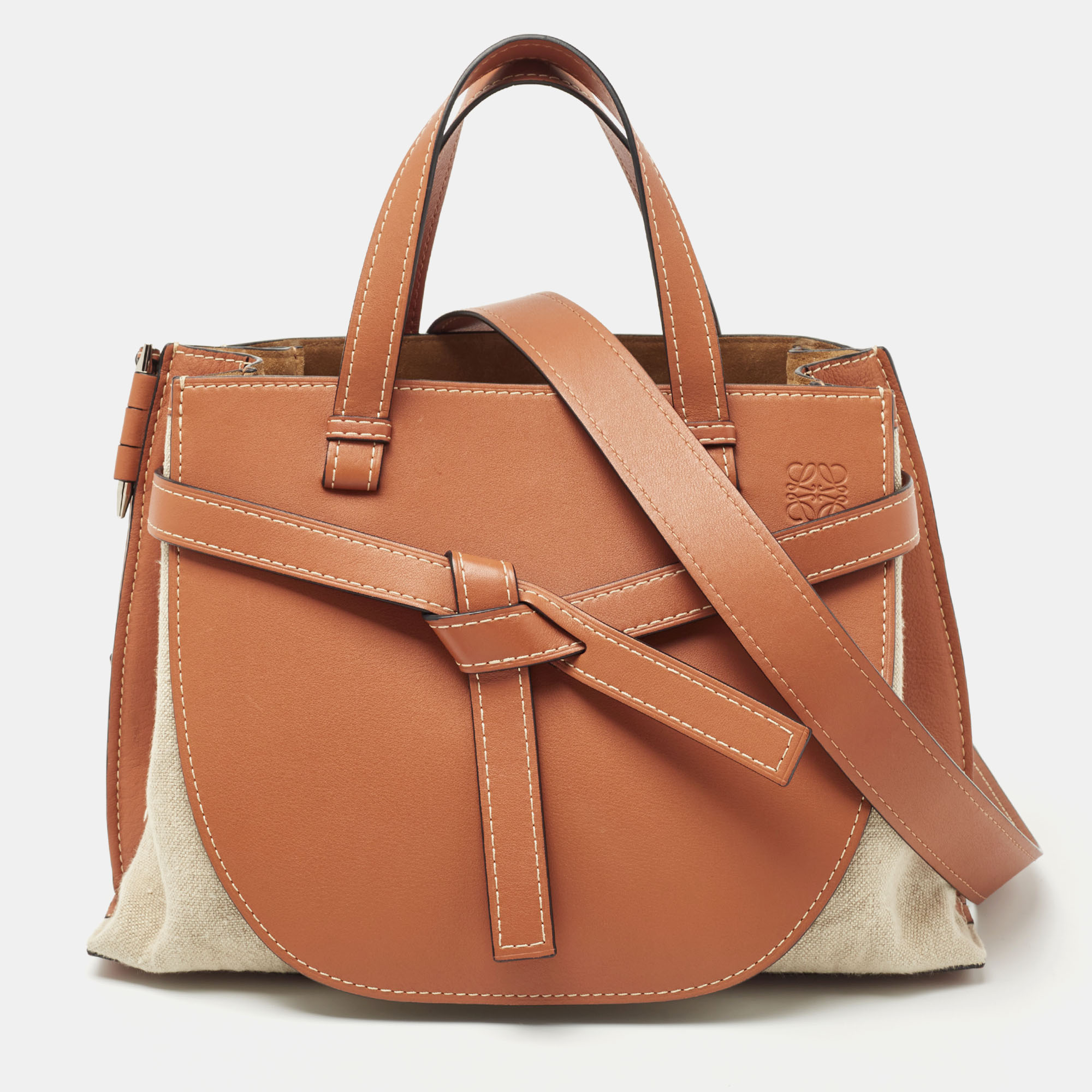 Pre-owned Loewe Tan/beige Leather And Canvas Medium Gate Tote | ModeSens