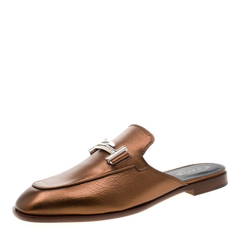 Tod's Metallic Bronze Leather Double T Flat Mules Size 38 Tod's | TLC